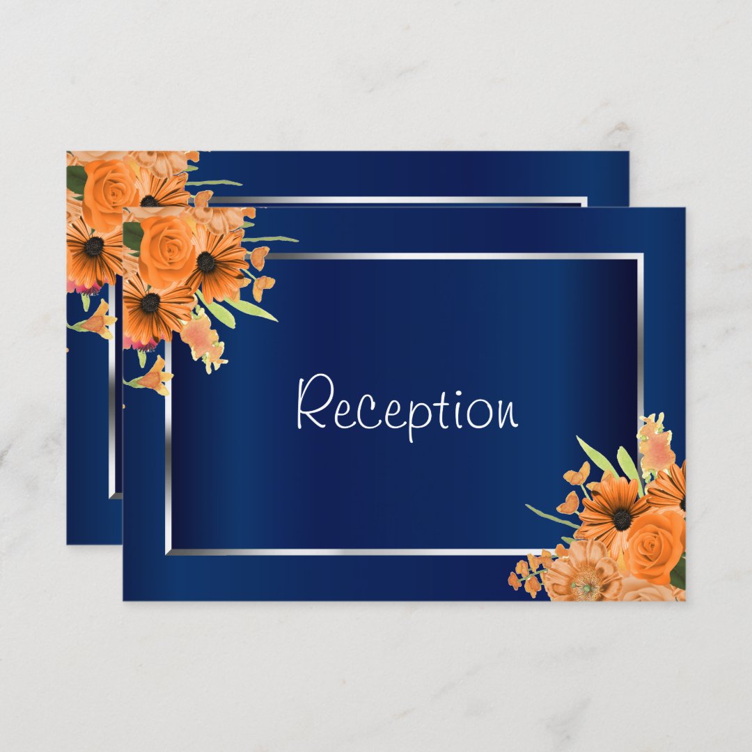 Reception - Pretty Orange Flowers on Navy Blue Invitation | Zazzle