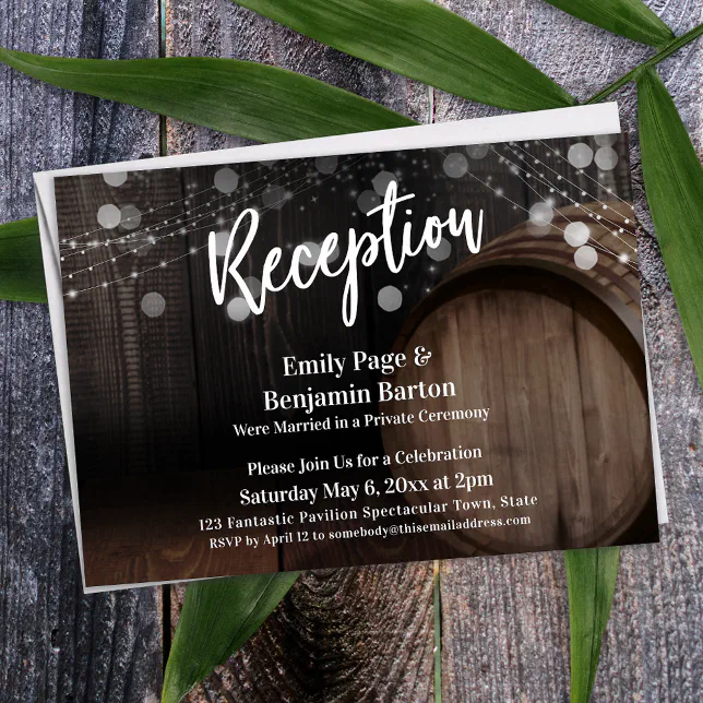 Reception Typography Rustic Wood Barrel and Lights Invitation | Zazzle