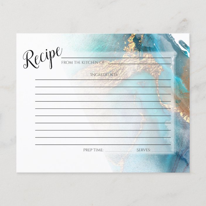 RECIPE CARD | Gold and Teal Marbled Ink | Zazzle.com
