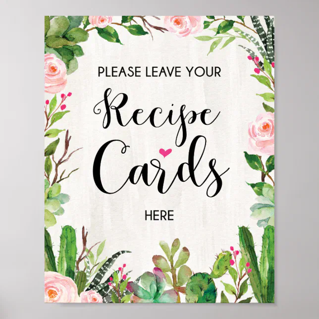 Recipe Card Sign Succulent Cactus Wedding Decor | Zazzle