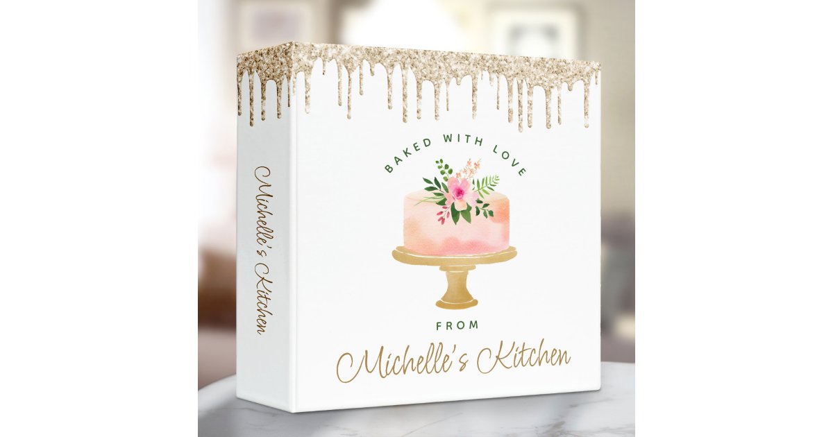 Recipe Cookbook Blush Pink Cake Gold Glitter Drips 3 Ring Binder | Zazzle