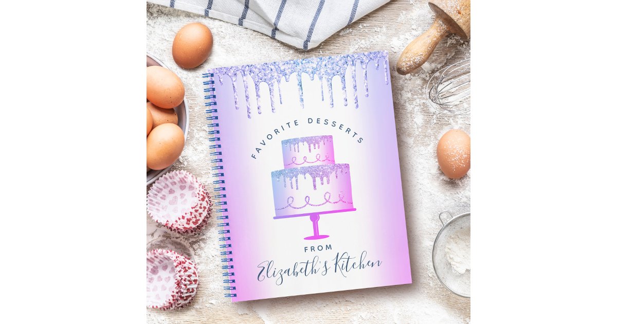 Recipe Cookbook Cake Bakery Purple Glitter Drips Notebook | Zazzle