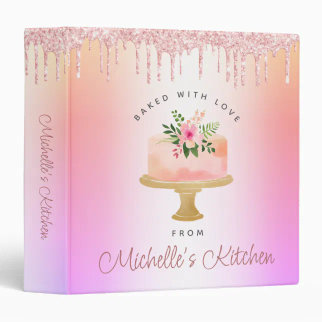 Recipe Cookbook Cake Pink Glitter Rainbow Ombre 3 Ring Binder | Zazzle