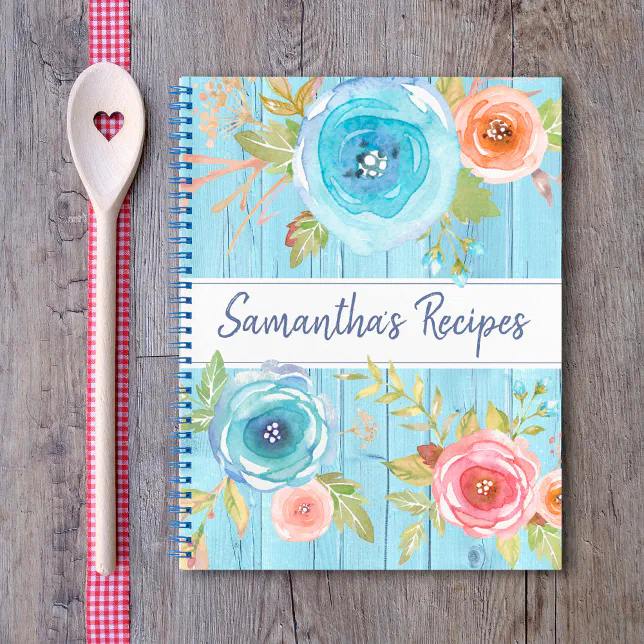 Recipe cookbook floral rustic watercolor blue wood notebook | Zazzle