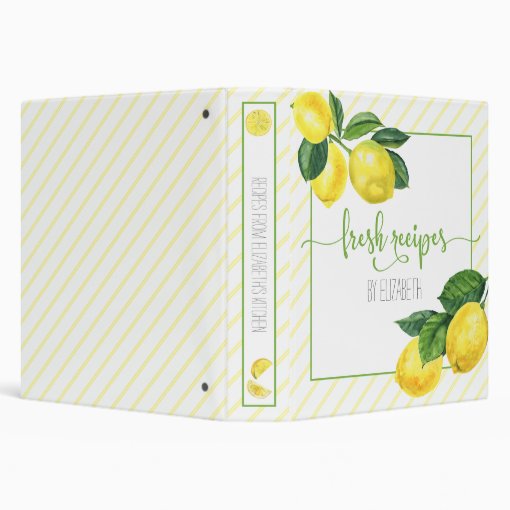 Recipe cookbook, modern lemon watercolor, stripes 3 ring binder | Zazzle