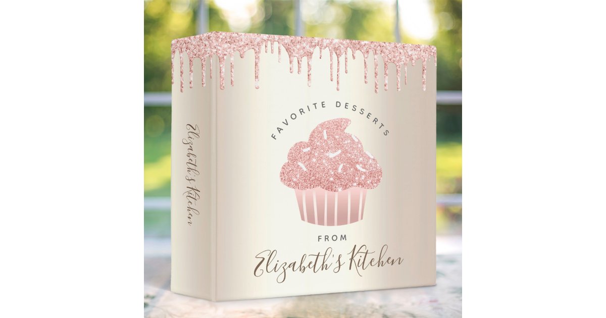 Recipe Cookbook Pink Glitter Cupcake Bakery Gold 3 Ring Binder | Zazzle