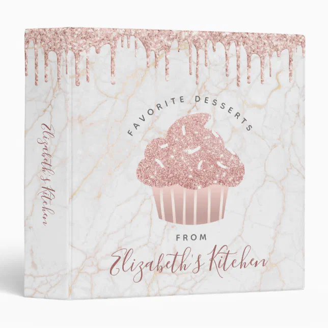 Recipe Cookbook Pink Glitter Cupcake Bakery Marble 3 Ring Binder | Zazzle