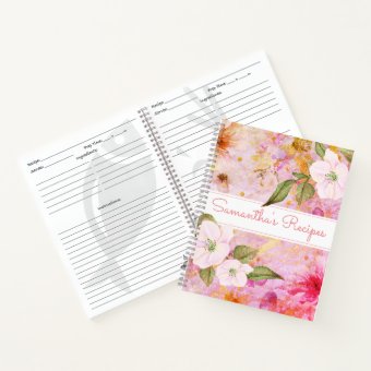 Recipe cookbook, vintage pink floral watercolor notebook | Zazzle