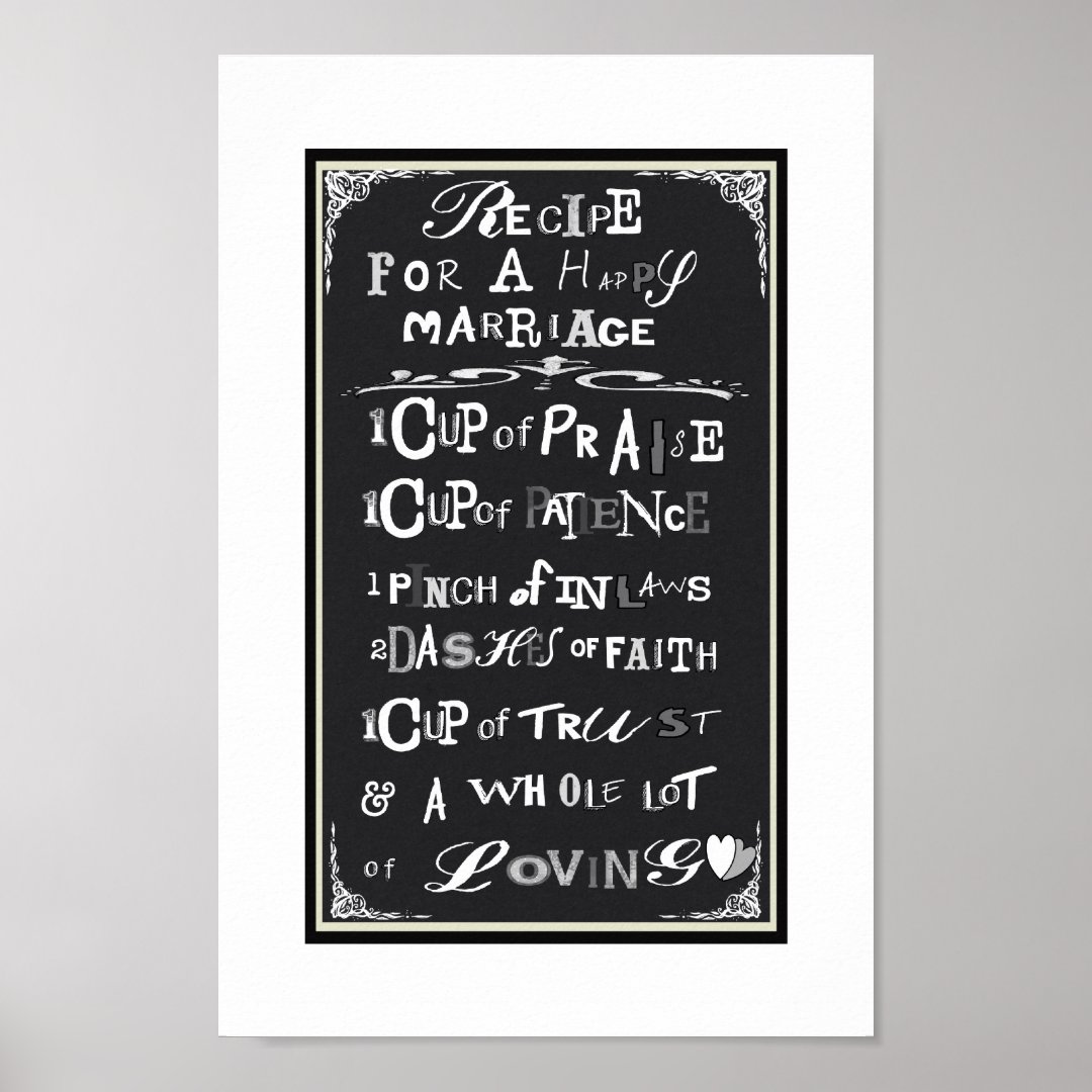 Recipe for a Happy Marriage Ideal Wedding Gift Poster | Zazzle