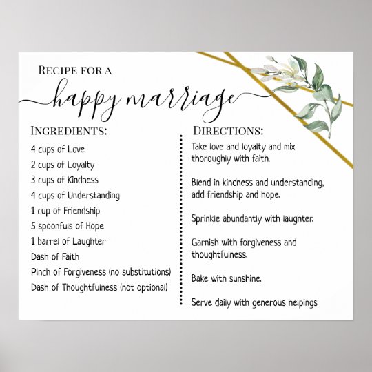 Recipe for a happy marriage newlywed greenery gold poster | Zazzle.com