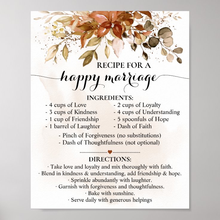 Recipe for Happy Marriage Fall Wedding Gift Poster | Zazzle