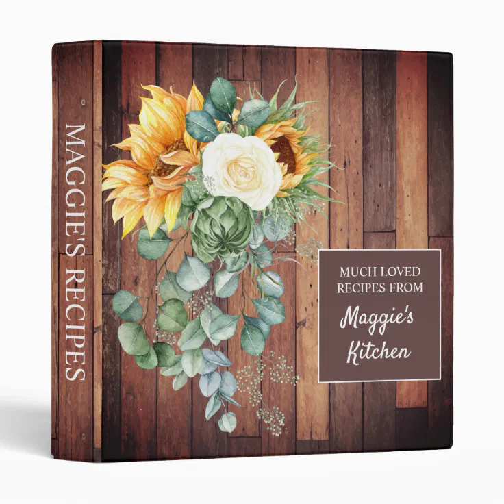 Recipes Sunflowers Eucalyptus Rustic Wood Notebook 3 Ring Binder | Zazzle