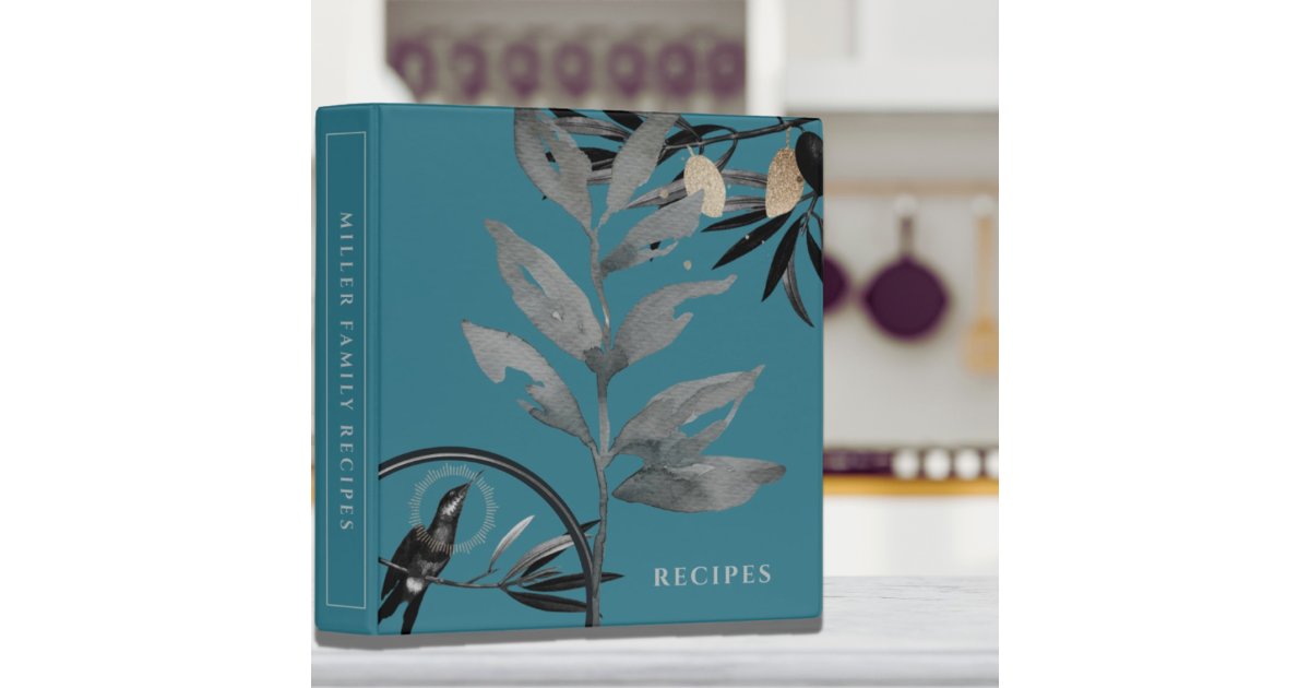 Recipes | Watercolor Leaves | Turquoise & Gray 3 Ring Binder | Zazzle
