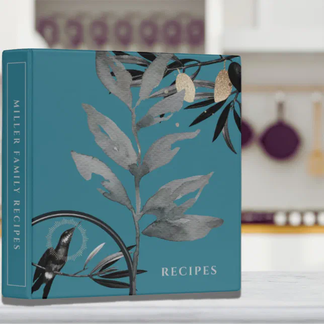 Recipes | Watercolor Leaves | Turquoise & Gray 3 Ring Binder | Zazzle