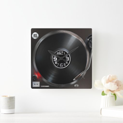 record and turntable square wall clock | Zazzle