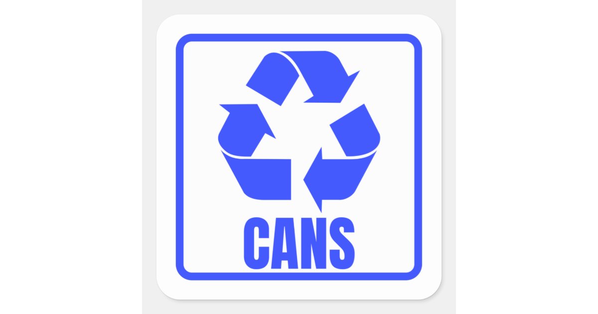 Recycling sign blue cans square sticker | Zazzle