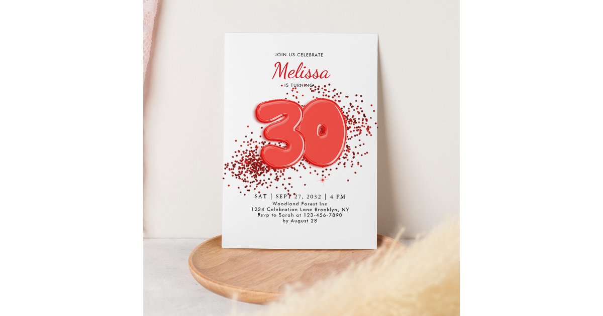 Red 30th Balloons Confetti Adult Birthday Invitation | Zazzle