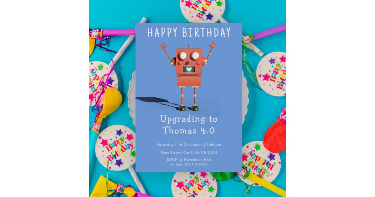 Red 3D robot kids birthday party Invitation | Zazzle