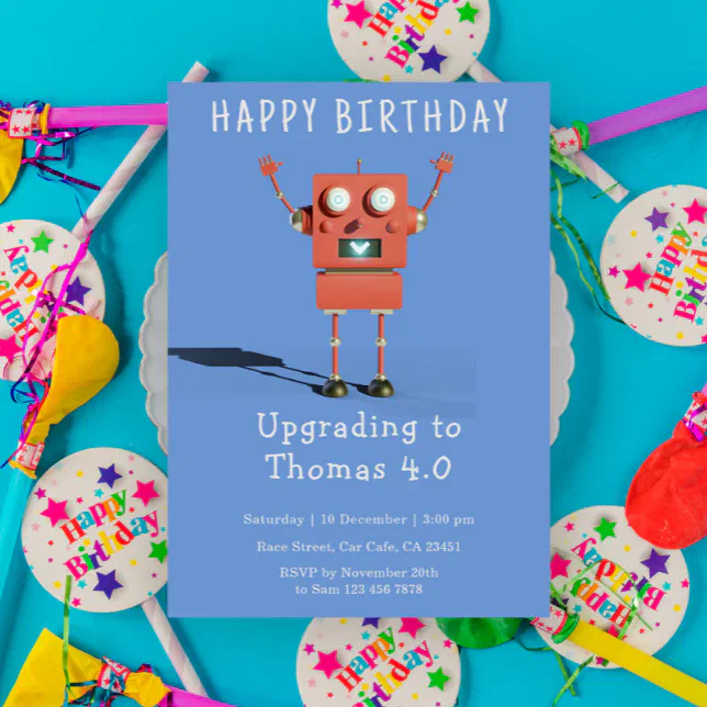Red 3D robot kids birthday party Invitation | Zazzle