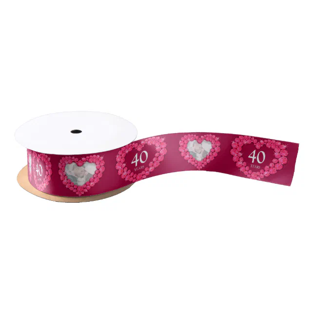 Red 40th ruby wedding anniversary photo heart satin ribbon | Zazzle