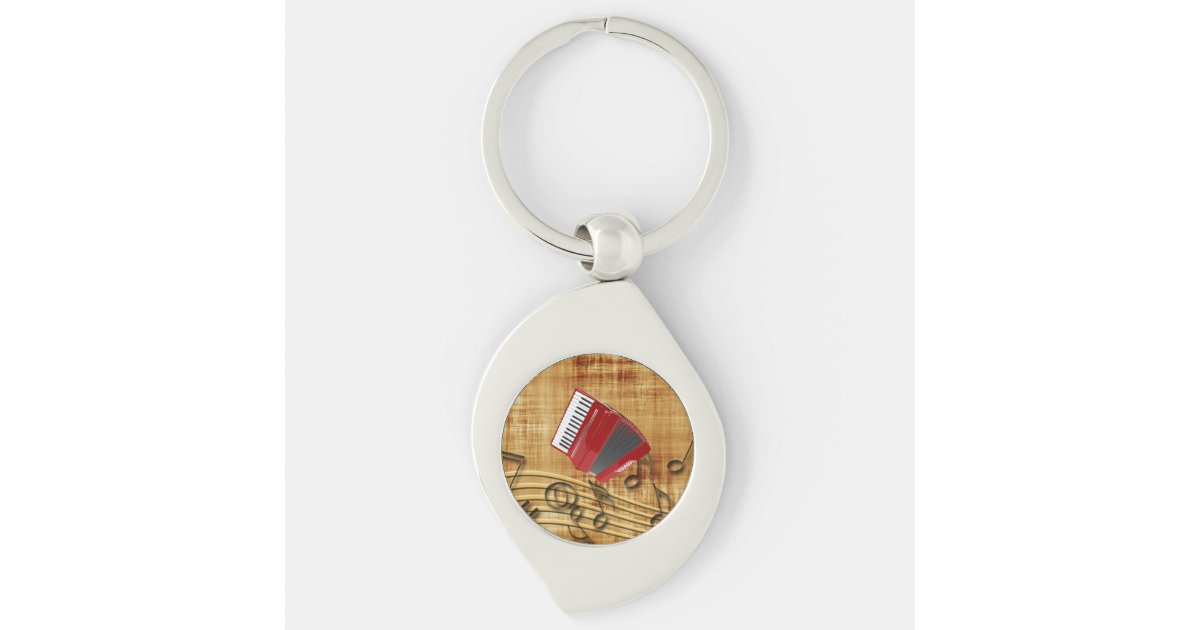 Red accordion, black notes, gold background keychain | Zazzle