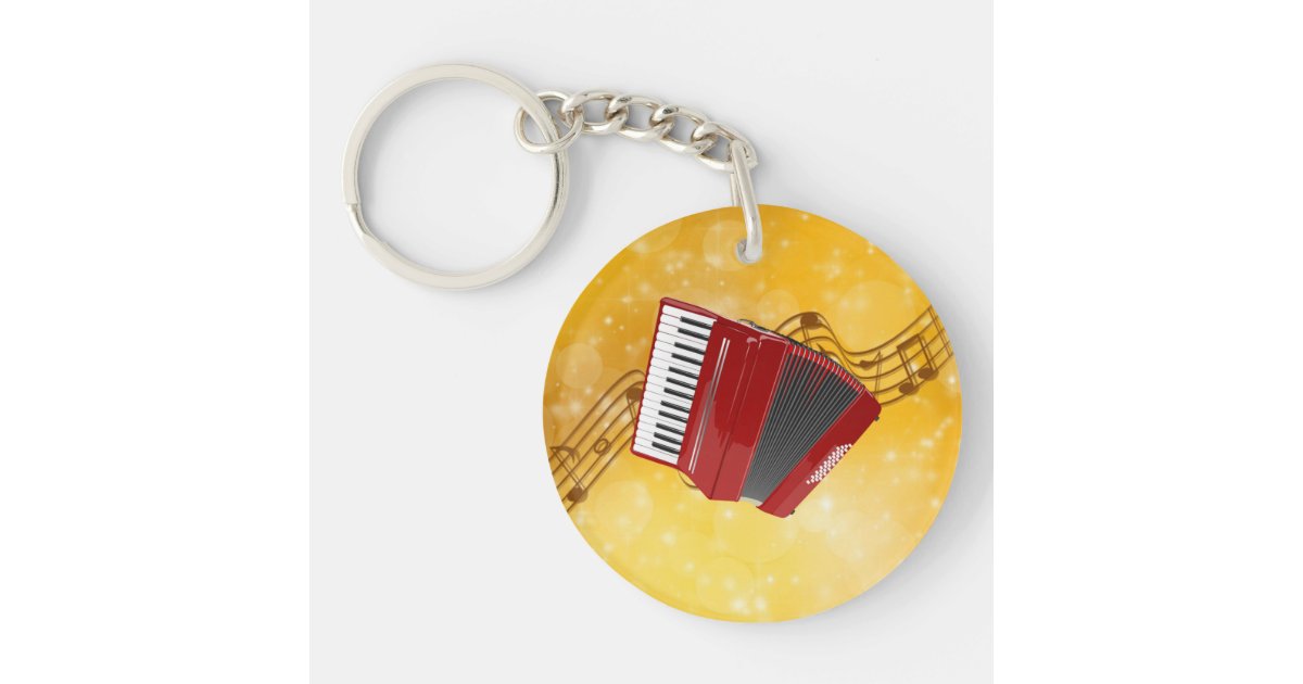 Red Accordion, Musical Notes on Gold Background Keychain | Zazzle