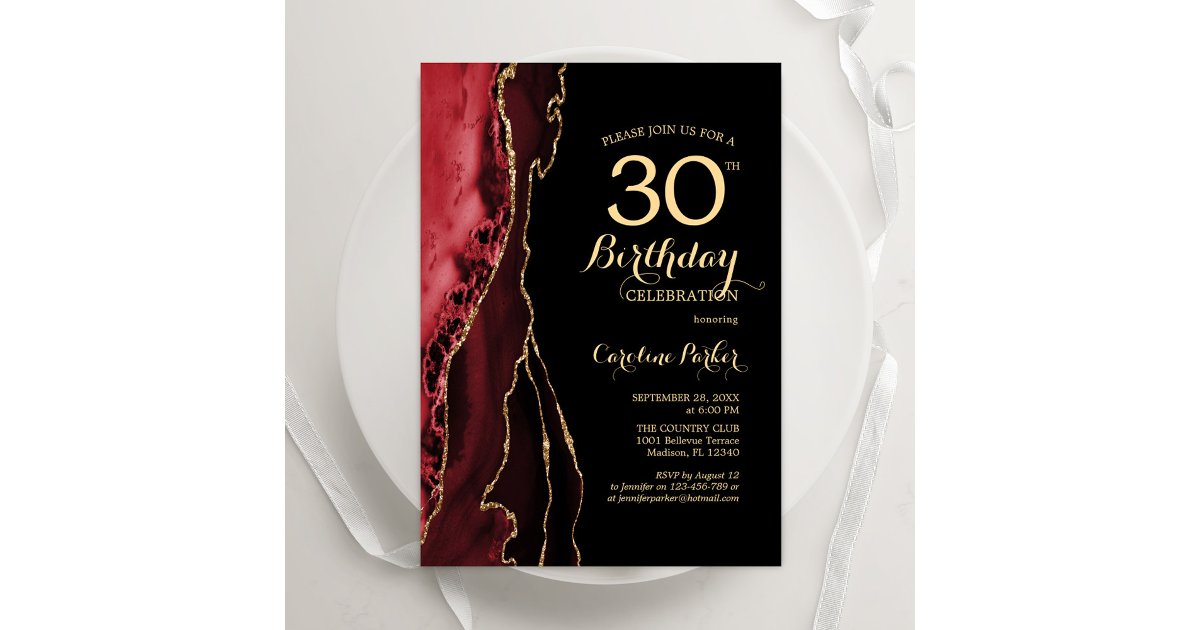 Red Agate Gold Black 30th Birthday Invitation | Zazzle
