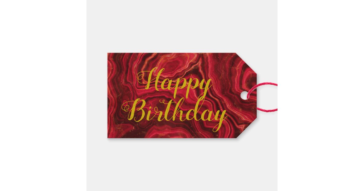 Red Agate Marble with gold Happy Birthday Gift Tags | Zazzle