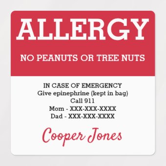 Red Allergy Alert Emergency Contact Info Kids Kids' Labels | Zazzle