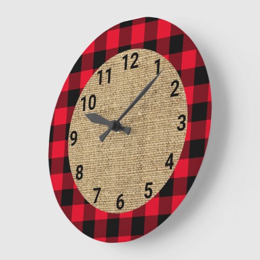 Red and Black Buffalo Plaid Burlap Circle Large Clock | Zazzle