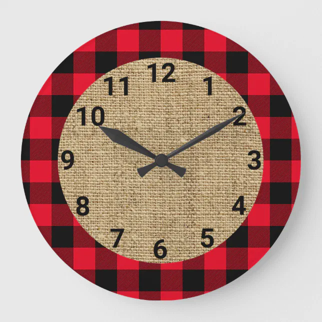 Red and Black Buffalo Plaid Burlap Circle Large Clock | Zazzle