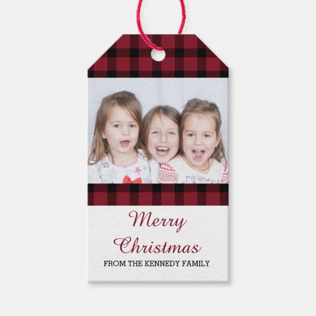 Red And Black Buffalo Plaid Christmas Photo Gift Tags | Zazzle