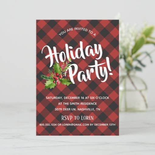 Red and Black Buffalo Plaid Holiday Party Invite | Zazzle