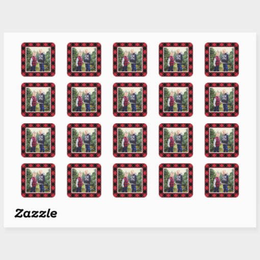 Red and Black Buffalo Plaid Holiday Photo Square Sticker | Zazzle
