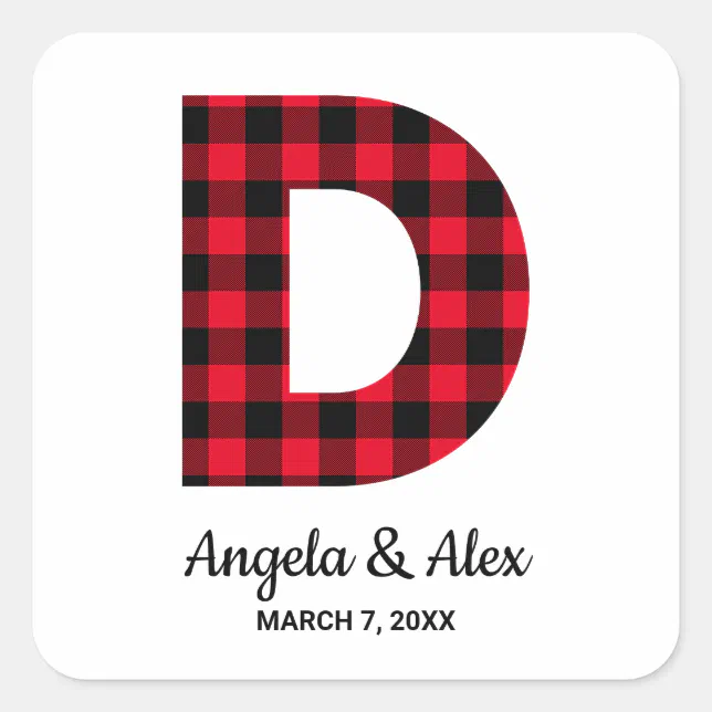 Red and Black Buffalo Plaid Monogram D Square Sticker | Zazzle