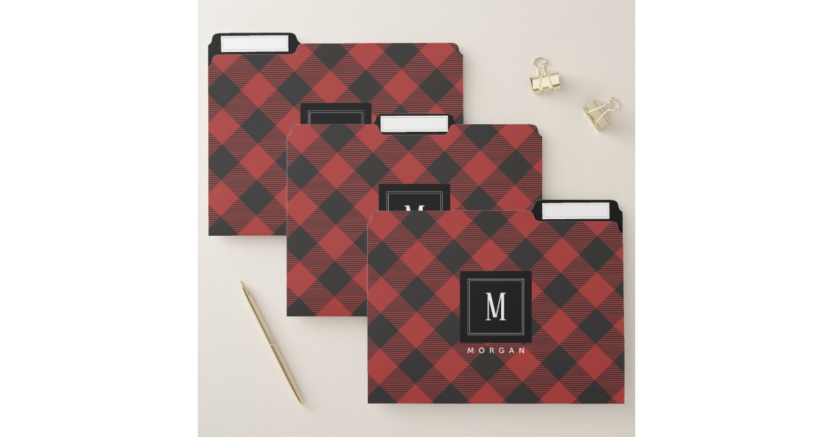 Red And Black Buffalo Plaid Monogram File Folder | Zazzle