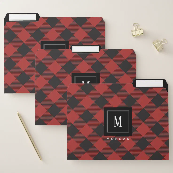 Red And Black Buffalo Plaid Monogram File Folder | Zazzle