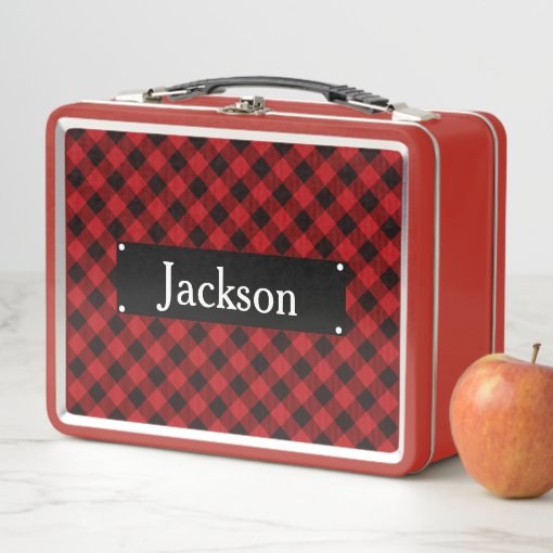 Red and Black Buffalo Plaid Monogram Metal Lunch Box | Zazzle