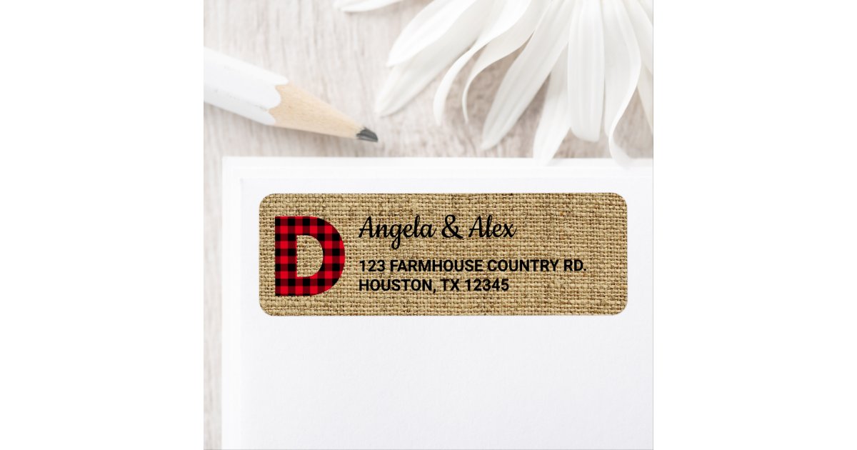 Red and Black Buffalo Plaid Monogram Rustic Burlap Label | Zazzle