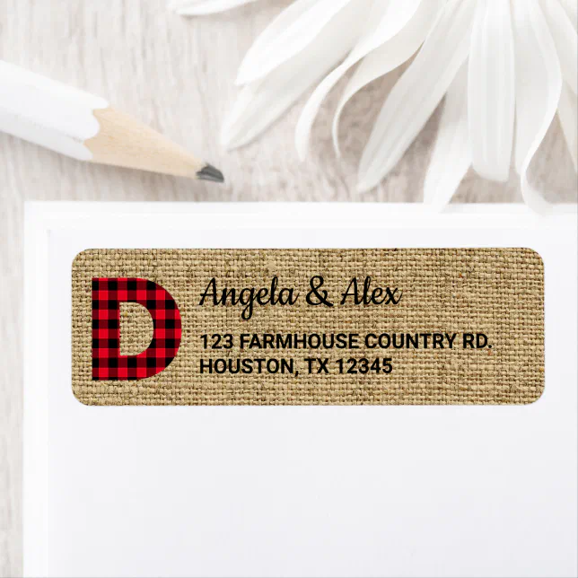 Red and Black Buffalo Plaid Monogram Rustic Burlap Label | Zazzle