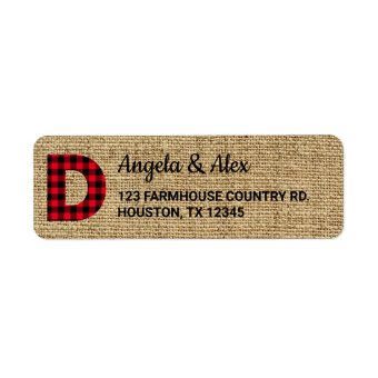 Red and Black Buffalo Plaid Monogram Rustic Burlap Label | Zazzle