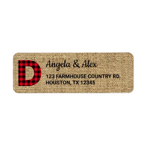 Red and Black Buffalo Plaid Monogram Rustic Burlap Label | Zazzle