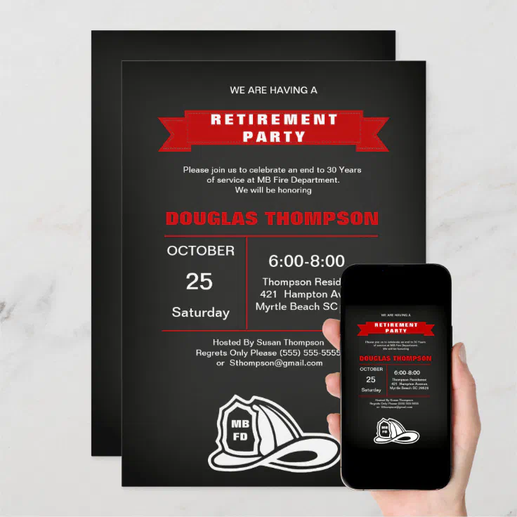Red and Black Chalkboard Firefighter Retirement Invitation | Zazzle