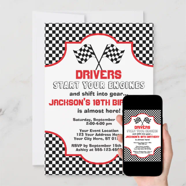 Red and Black Checkered Racing Birthday Invitation | Zazzle