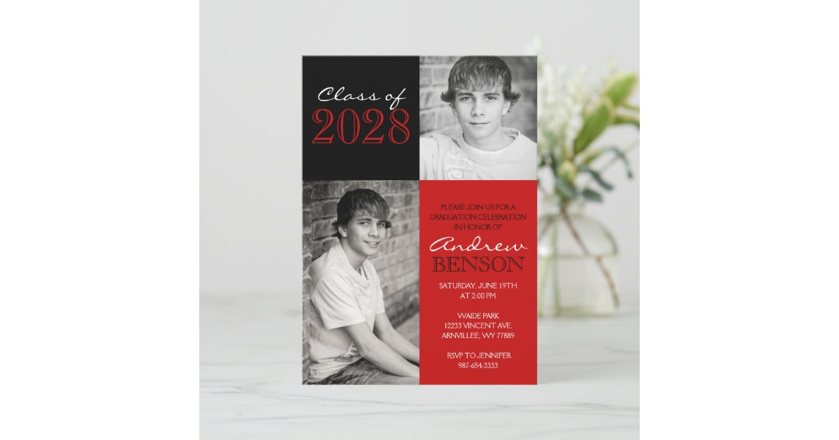 Red and Black Classic 2 Photo Graduation Invitation | Zazzle