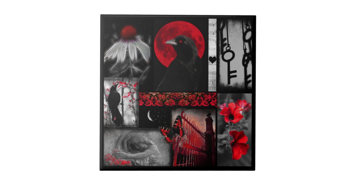 Red And Black Eclectic Crow Art Ceramic Tile | Zazzle