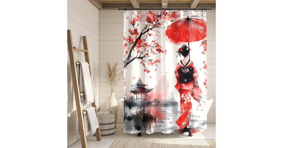 Red and Black Floral Geisha | Shower Curtain | Zazzle