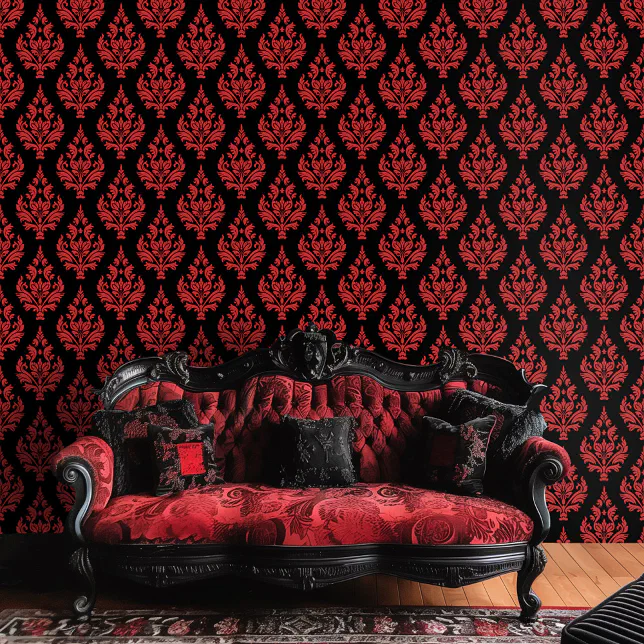 Red and Black Gothic Moody Damask Wallpaper | Zazzle