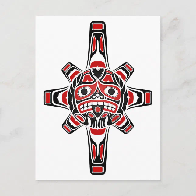 Red and Black Haida Sun Mask on White Postcard | Zazzle