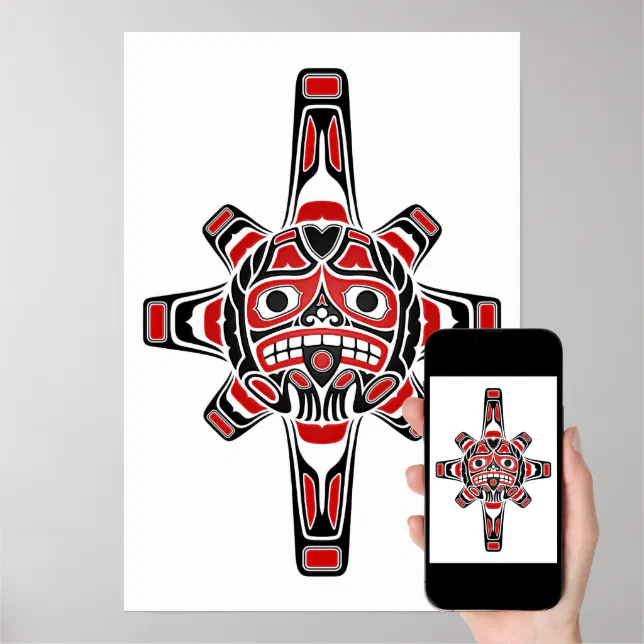 Red and Black Haida Sun Mask on White Poster | Zazzle